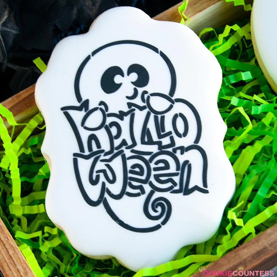 Ghost Holding Halloween Sign Stencil PYO STENCIL - Cookie Countess ...