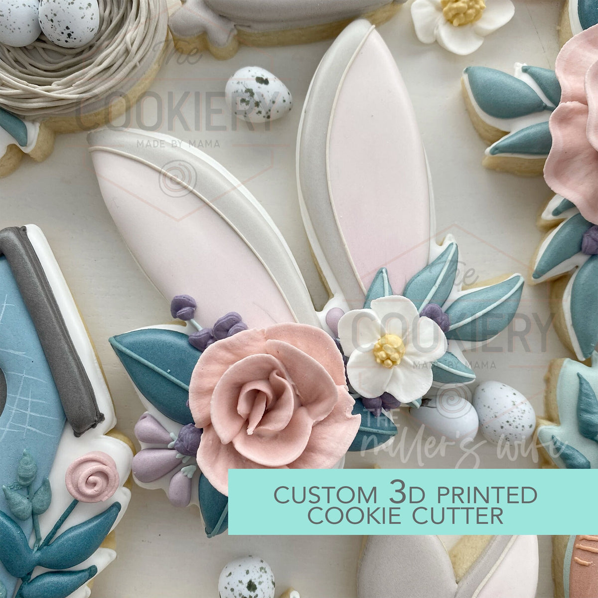 Floral Bunny Ears Cookie Cutter - Easter Spring Cookie Cutter - 3D Pri ...